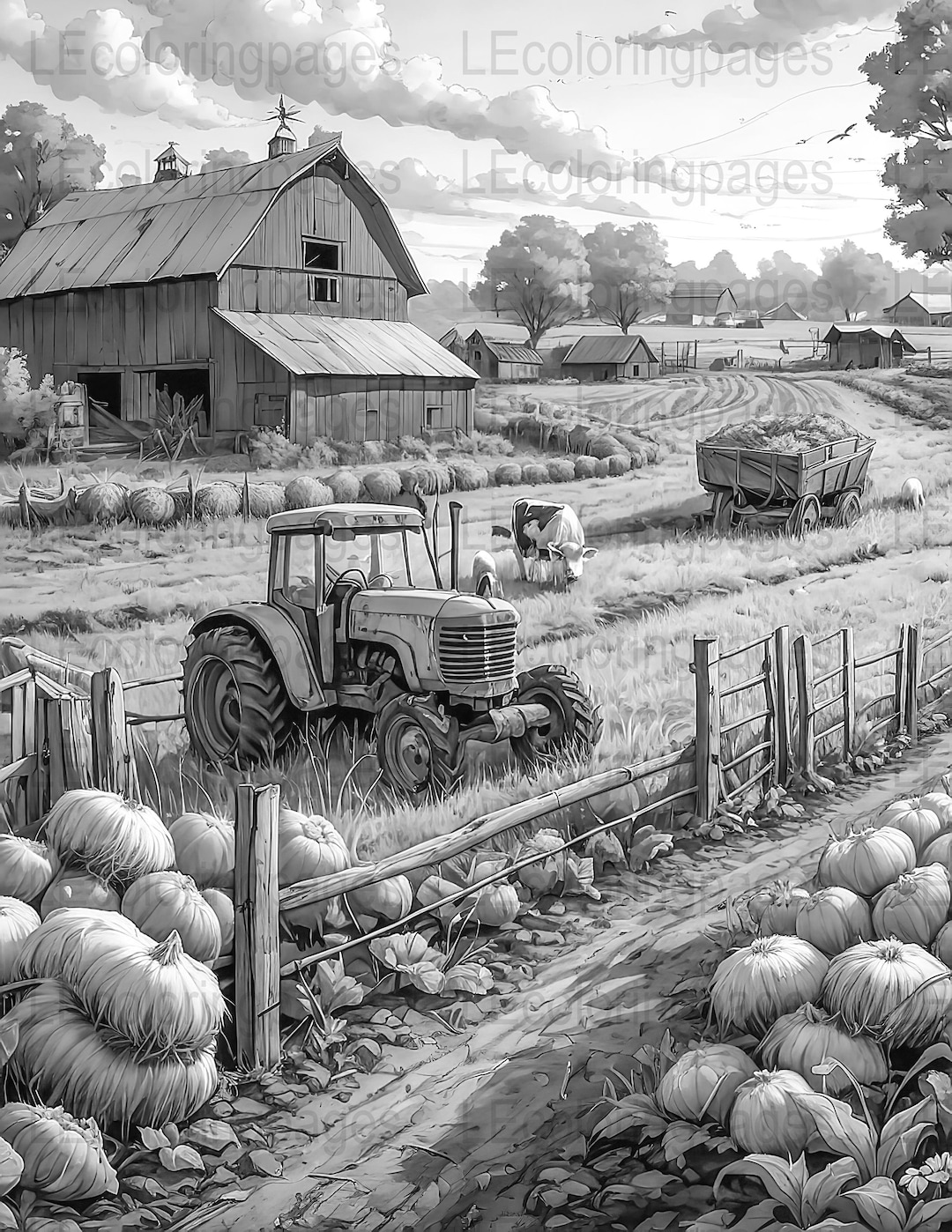 Printable Grayscale Farm Scene Adult Coloring Page, Rustic Barn and ...