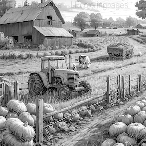 Printable Grayscale Farm Scene Adult Coloring Page, Rustic Barn and ...