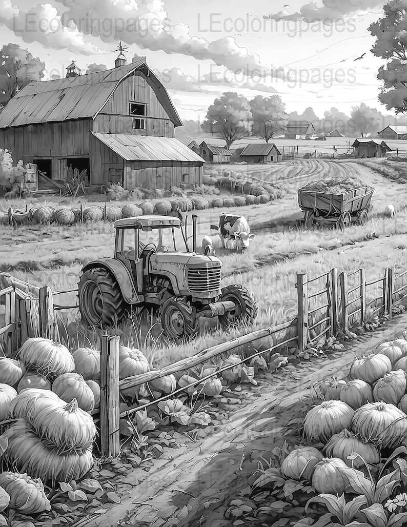 Farm Scene Coloring Page, Rustic Barn and Tractor, Adult Art (digital ...