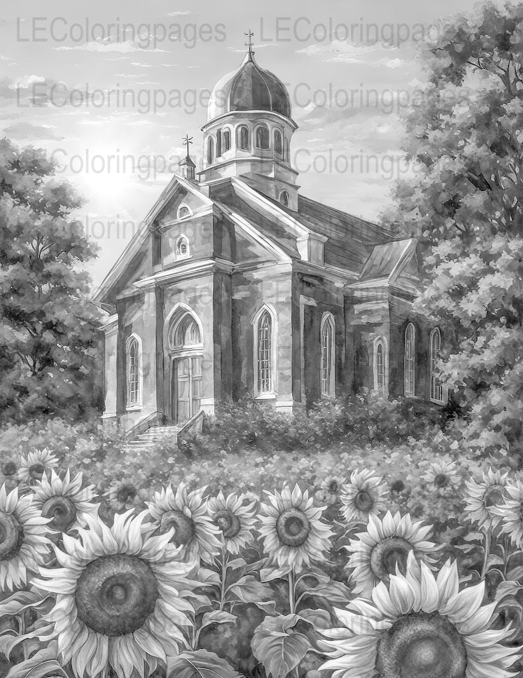 Sunflowers Grayscale Coloring Page for Adults #36 Instant Download ...