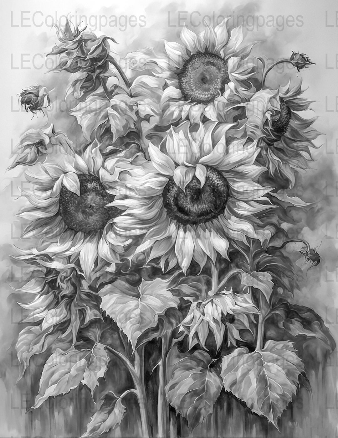 Sunflowers Grayscale Coloring Page for Adults #58 Instant Download ...