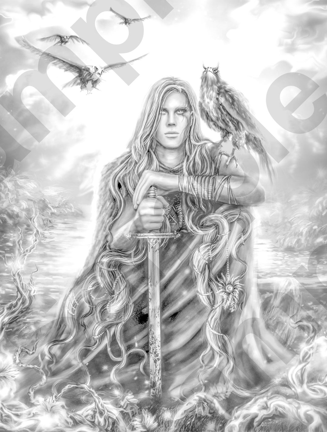 Fantasy Birds Coloring Page for Adults Grayscale High Resolution ...