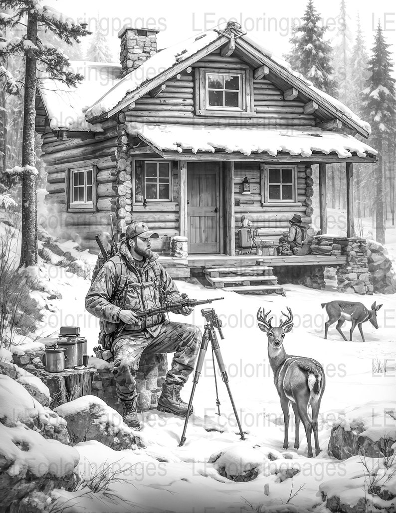 Hunting Cabin Grayscale Coloring Page for Adults 96 Instant Download ...
