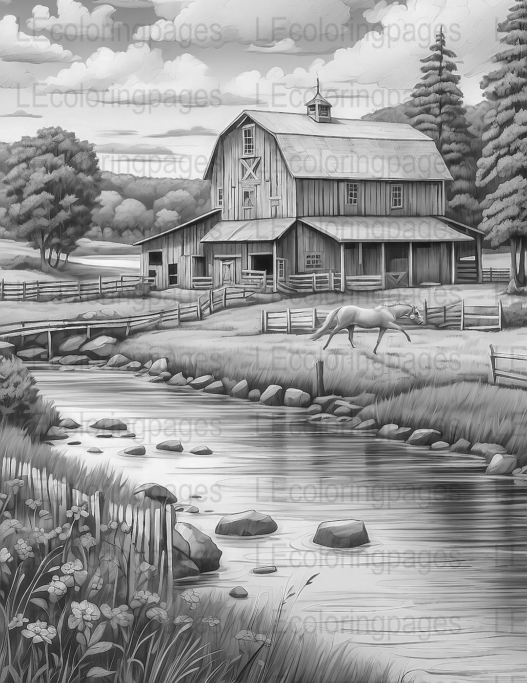 Detailed Farm Scene Grayscale Coloring Page for Adults (printable) - Etsy