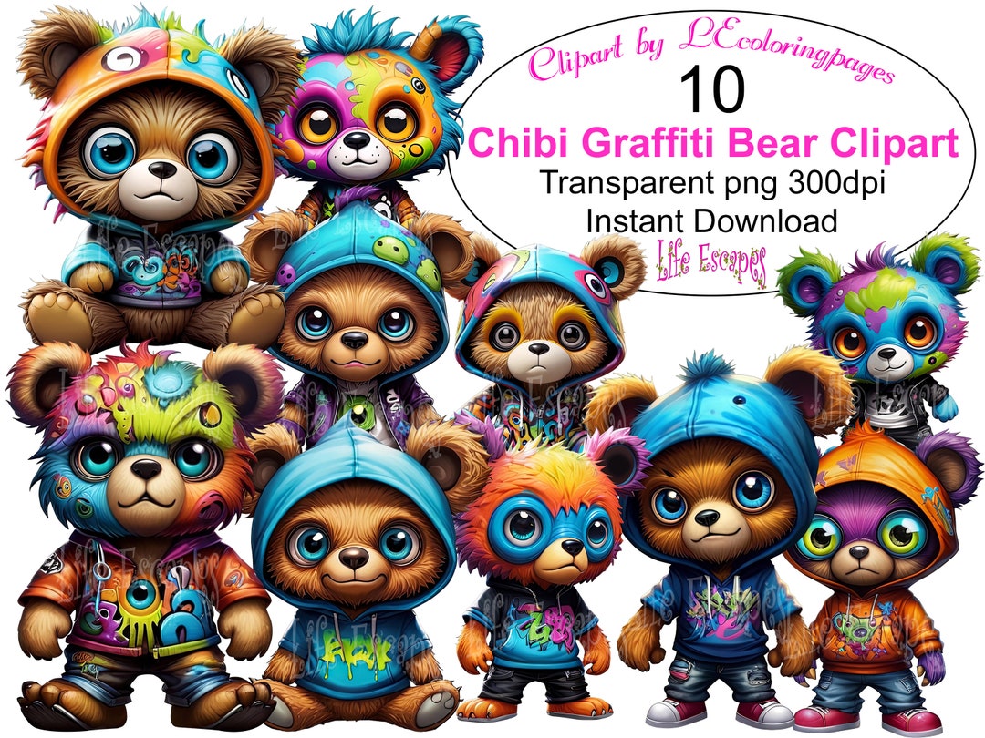 Chibi Graffiti Bear Clipart, Cute Cartoon Bear Digital Art, Commercial ...