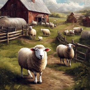 Adult Coloring Page, Rustic Farm Scene, Grayscale Sheep Barn, Country ...