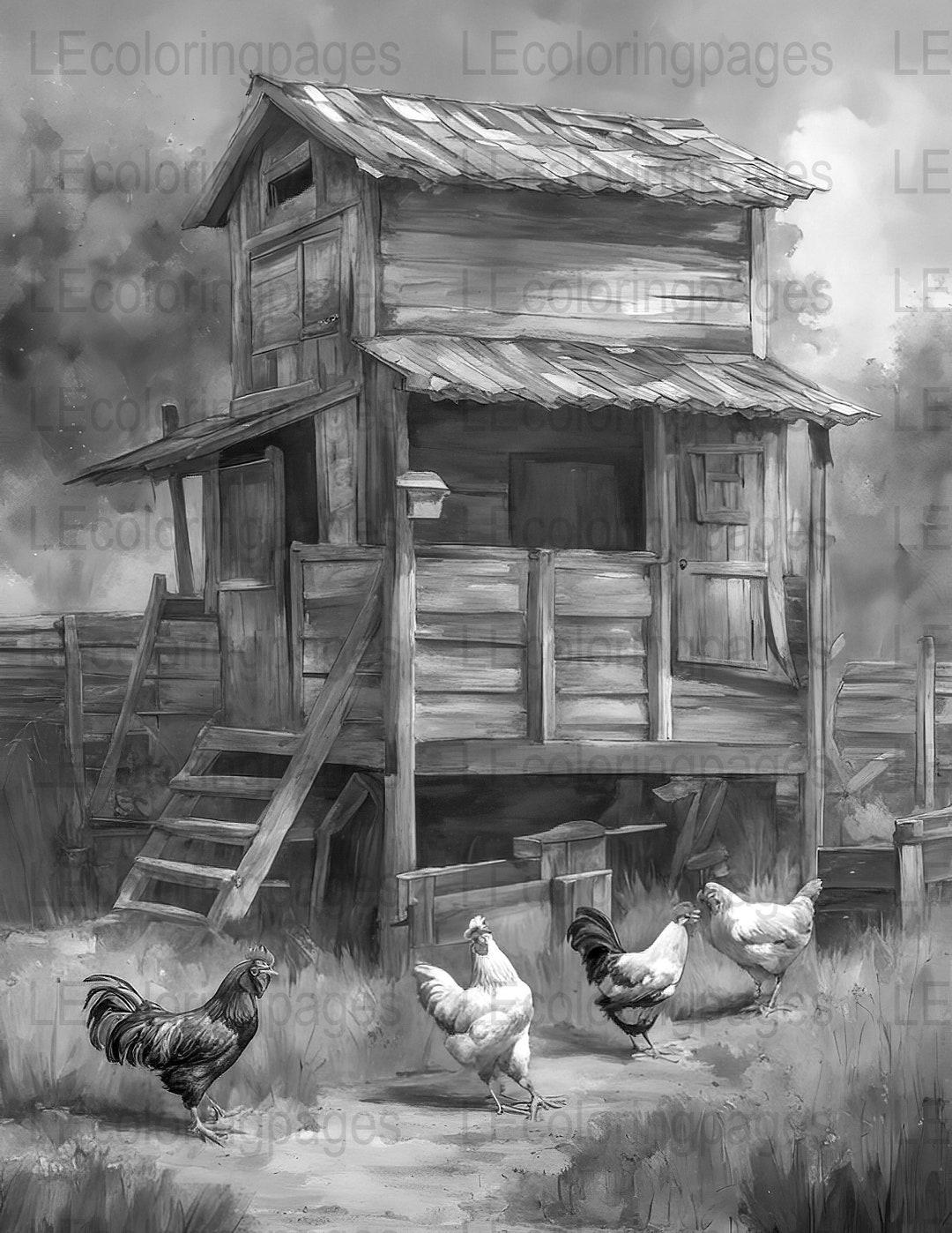 Adult Coloring Page Grayscale Farm Country Scene, Rustic Barn Chickens ...