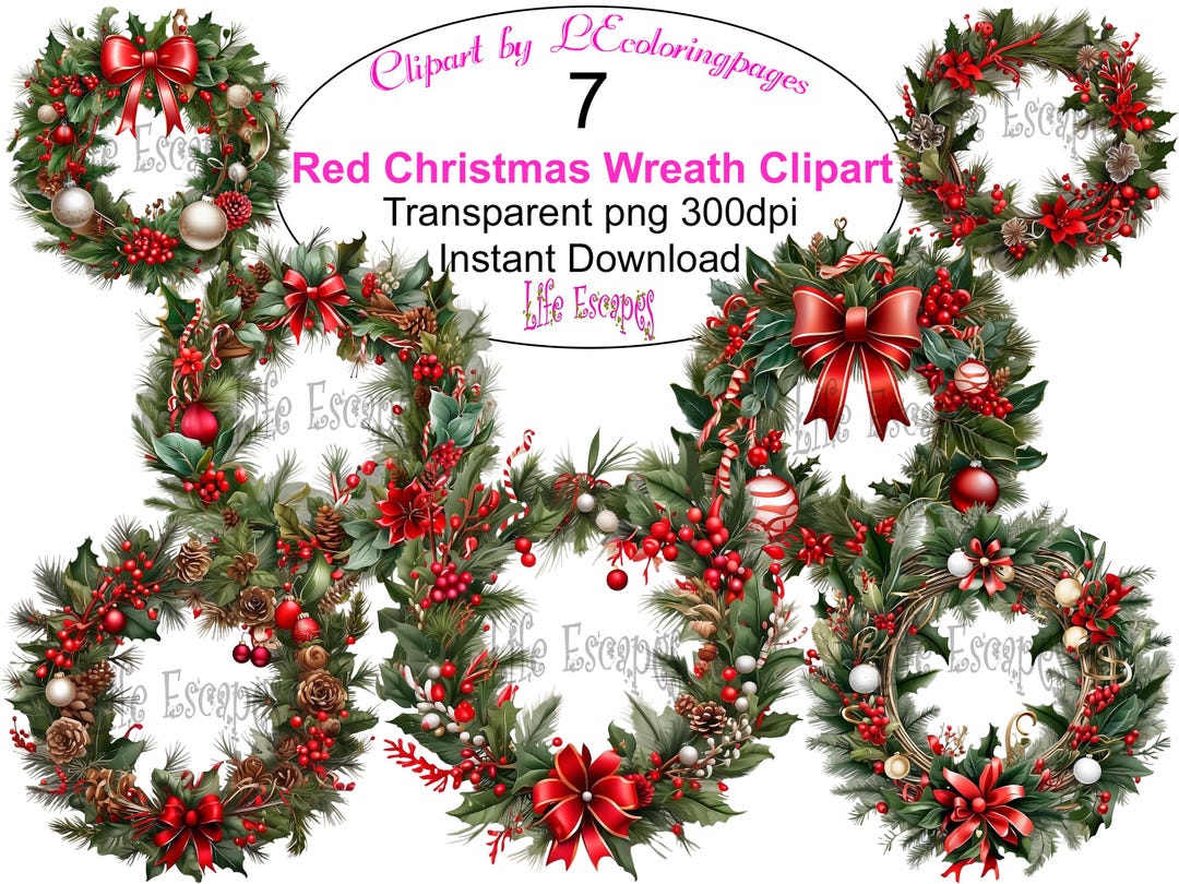 Red Christmas Wreath Clipart Bundle, 7 Transparent PNG, 300dpi, Instant ...
