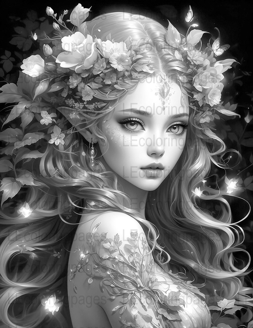 Adult Coloring Page, Grayscale Maiden Fantasy, Printable Digital ...