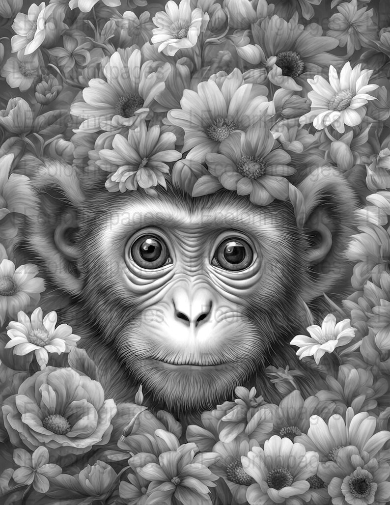 Adult Coloring Page Printable Monkey, Floral Digital Grayscale Coloring ...