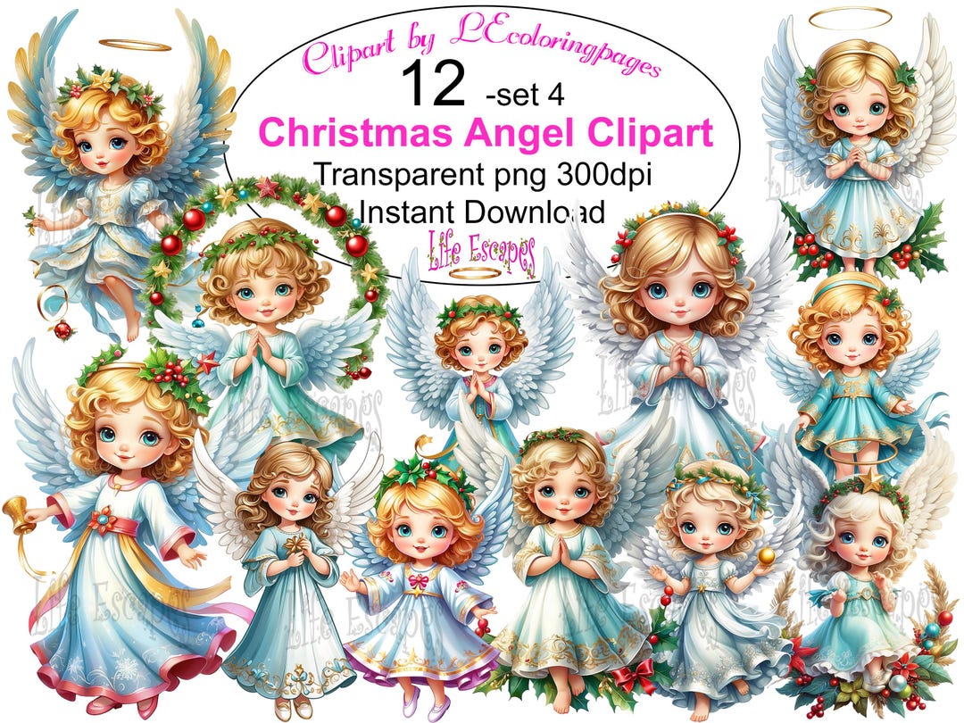 Christmas Angel Clipart Set, 12 PNG Clipart, Transparent 300dpi ...