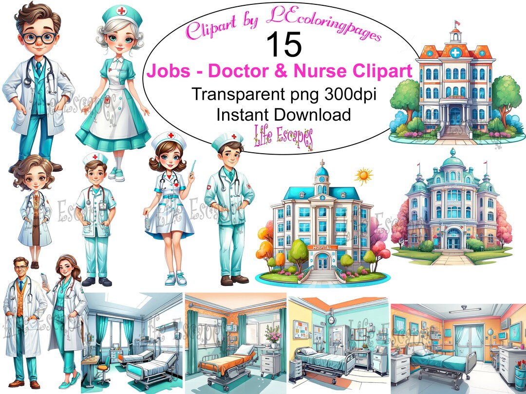 Doctor and Nurse Clipart Set, 15 Medical Profession Images, Hospital ...