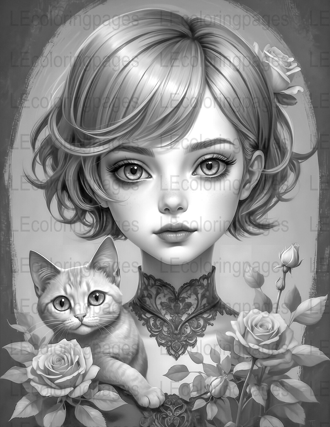 Gothic Cat Girl Grayscale Coloring Page for Adults #66 - Instant ...