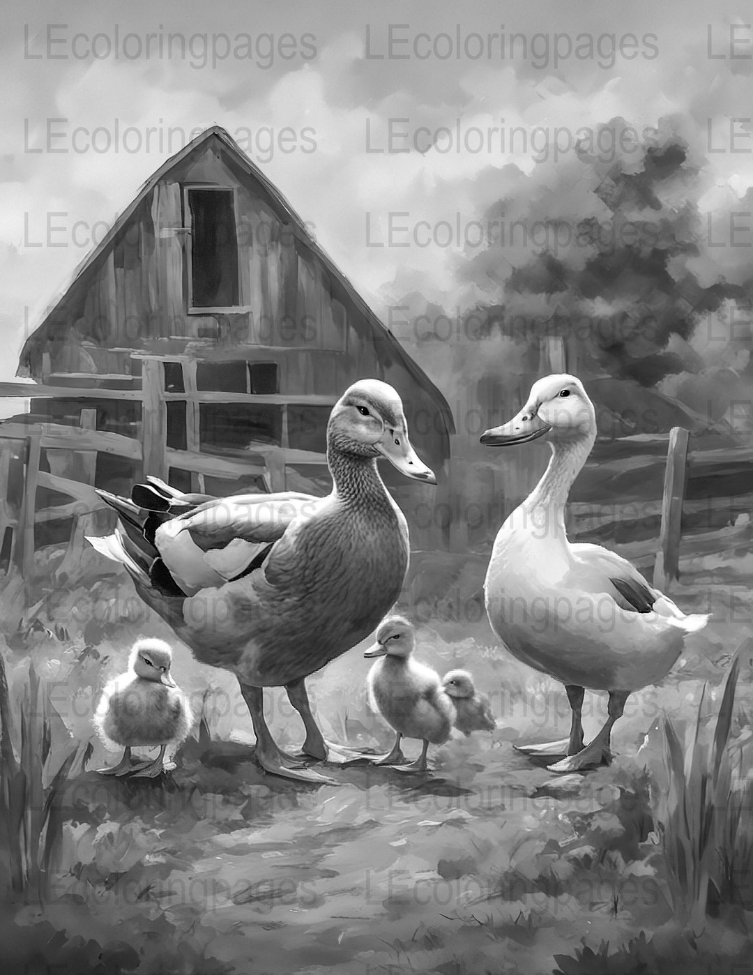 Rustic Farmhouse Coloring Page for Adults, Ducks and Barn Grayscale ...