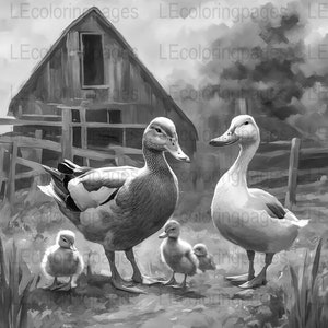 Rustic Farmhouse Coloring Page for Adults, Ducks and Barn Grayscale ...