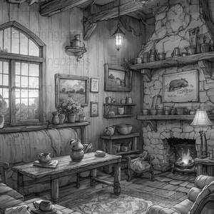 Cozy Cottage Interior Grayscale Coloring Page, Digital JPG, Adult ...