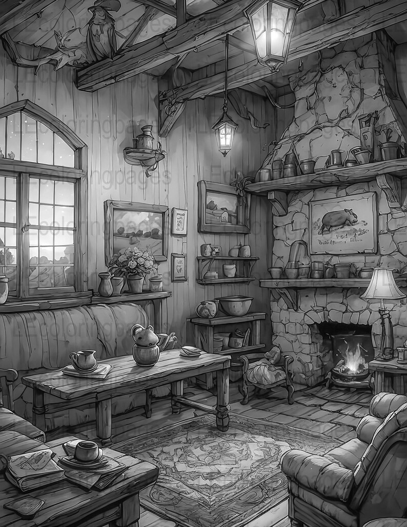 Cozy Cottage Interior Grayscale Coloring Page, Digital JPG, Adult ...