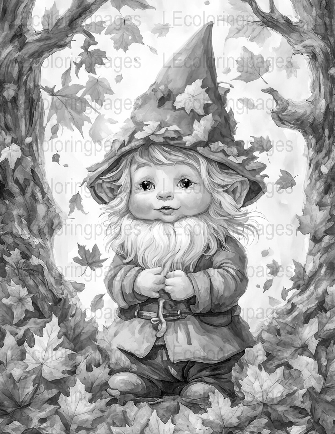 Autumn Gnome Grayscale Coloring Page for Adults 26 Printable Instant ...