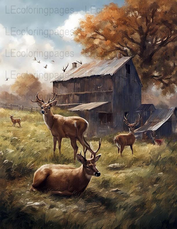 Rustic Deer Farm Adult Coloring Page, Grayscale Printable (digital ...