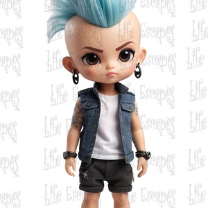 Punk Chibi Kids Clipart Set, Mohawk Hairstyle Cartoon Illustrations ...