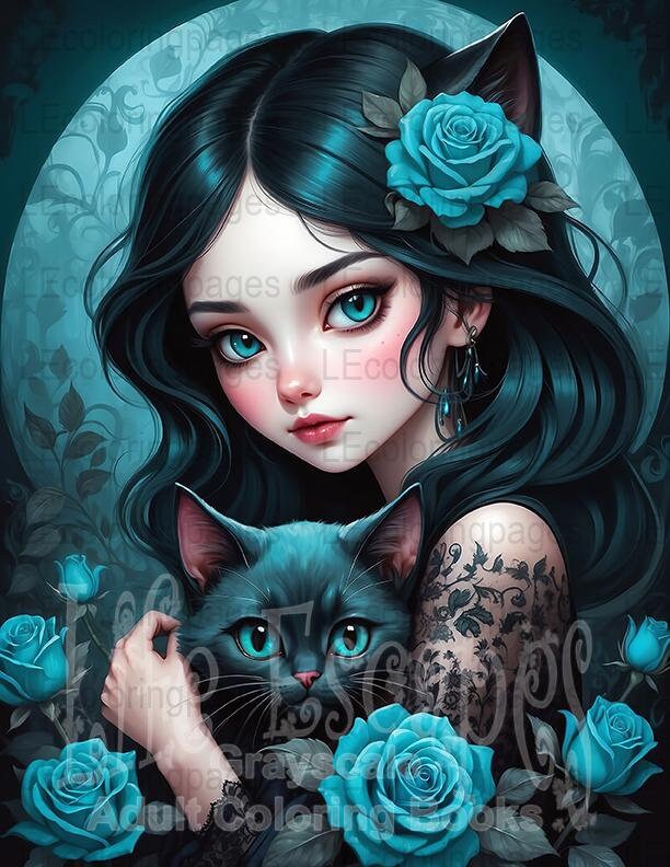 Gothic Cat Girl Grayscale Coloring Page for Adults 60 - Etsy