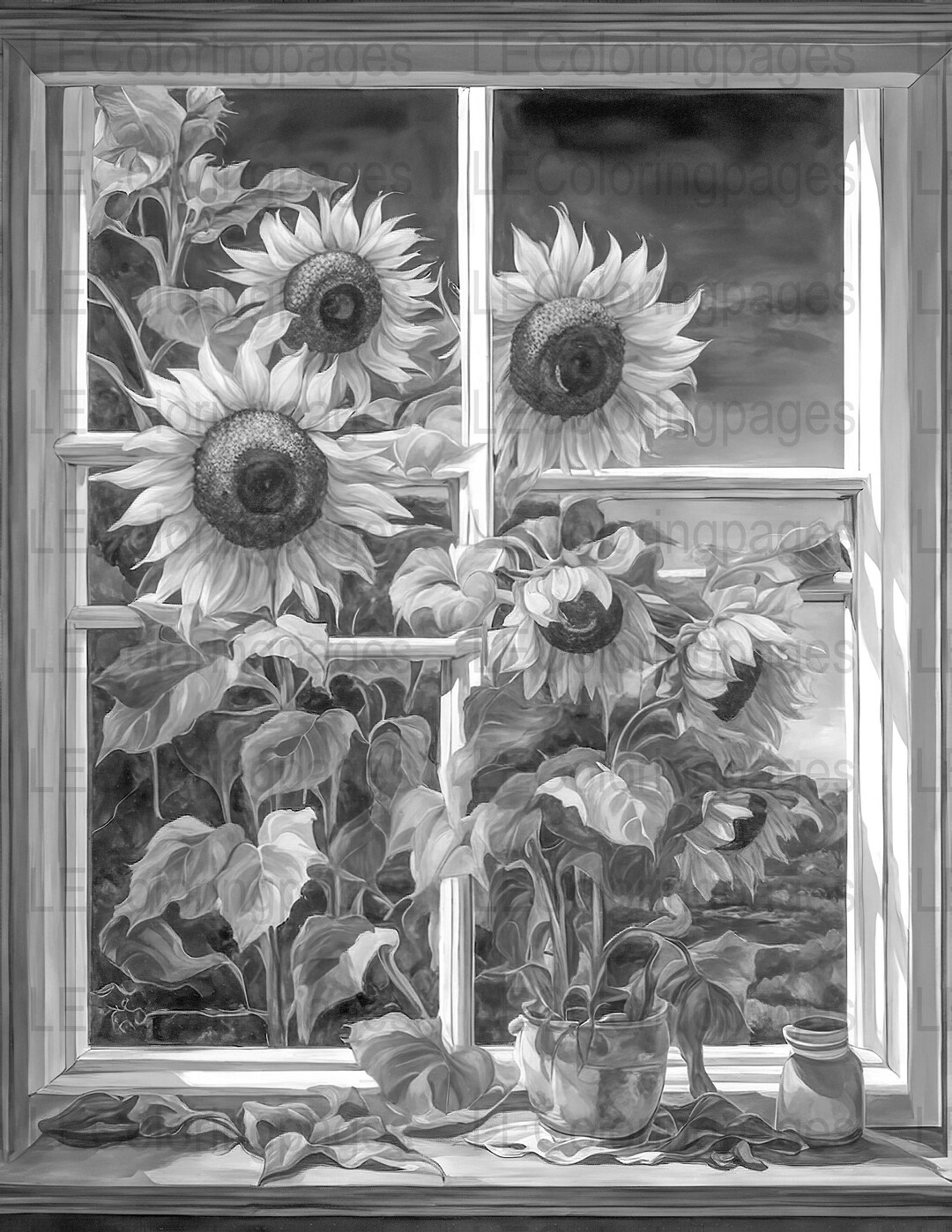 Sunflowers Grayscale Coloring Page for Adults #46 Instant Download ...