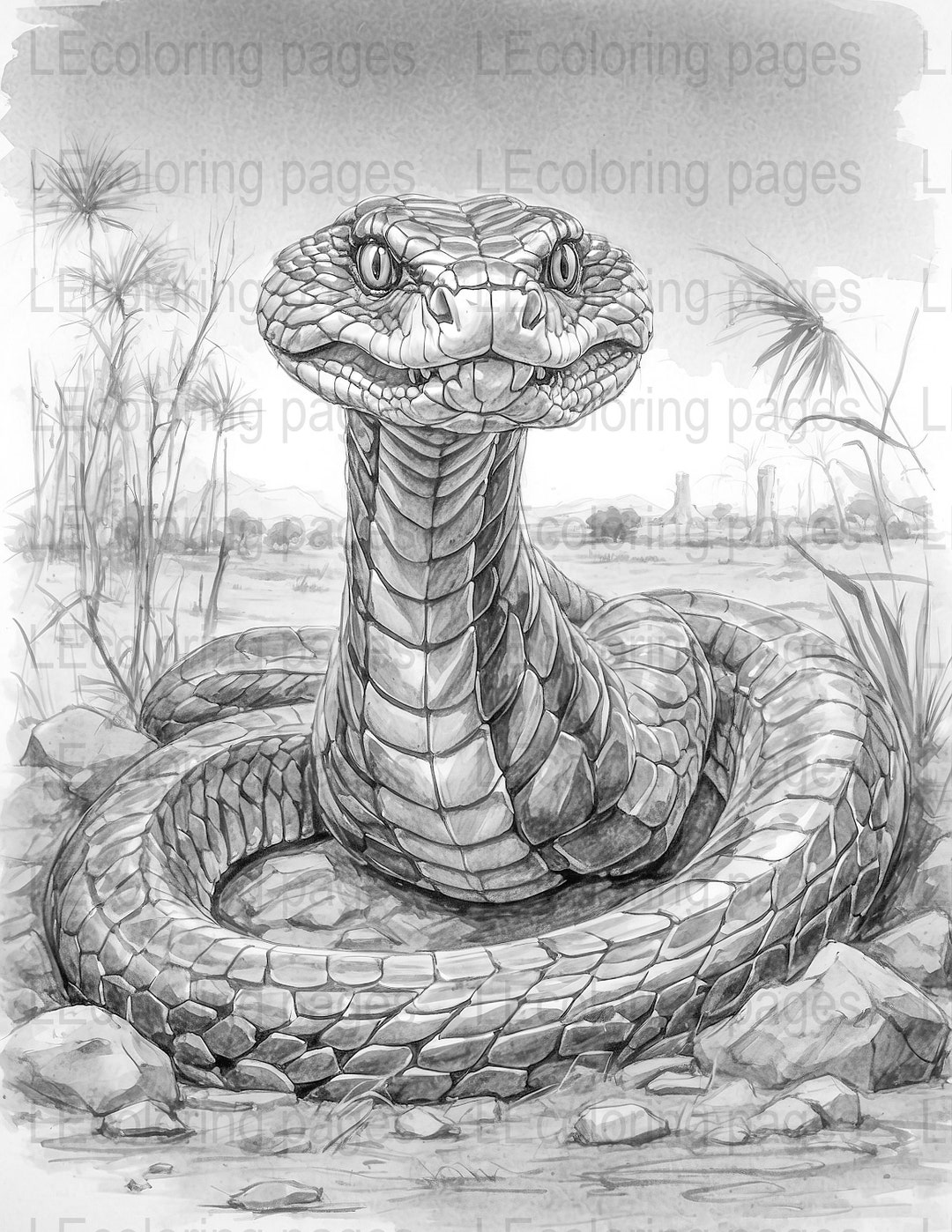 Serpent Grayscale Coloring Page for Adults, Relaxing Cobra Printable ...
