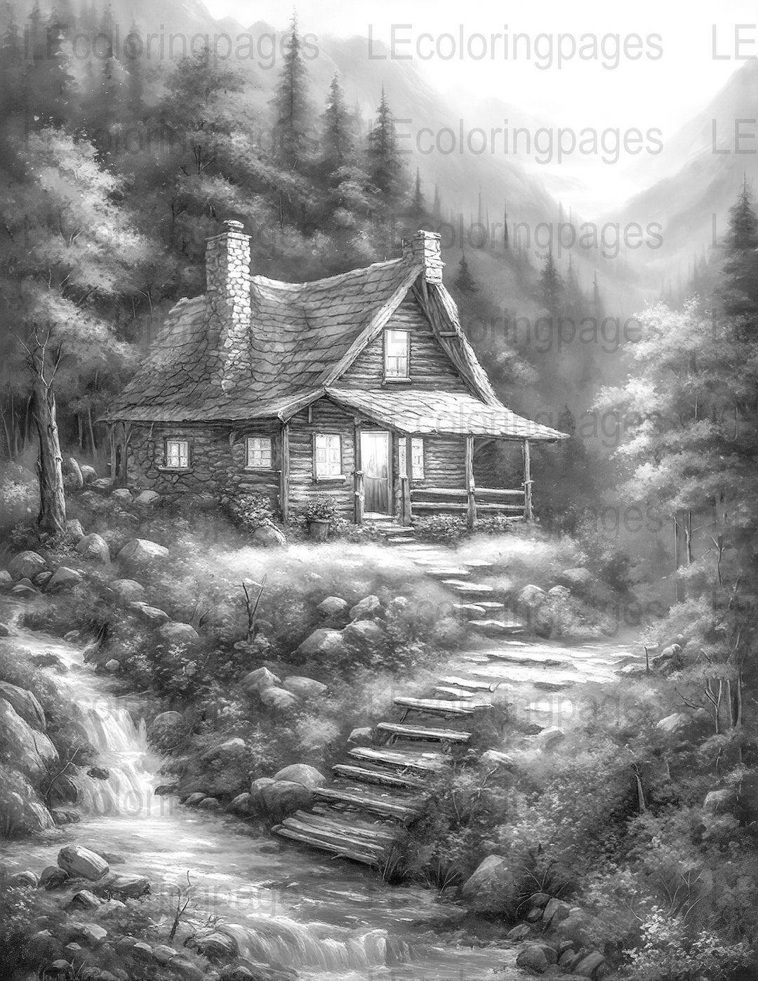 Hunting Cabin Grayscale Coloring Page for Adults #54 - Instant Download ...