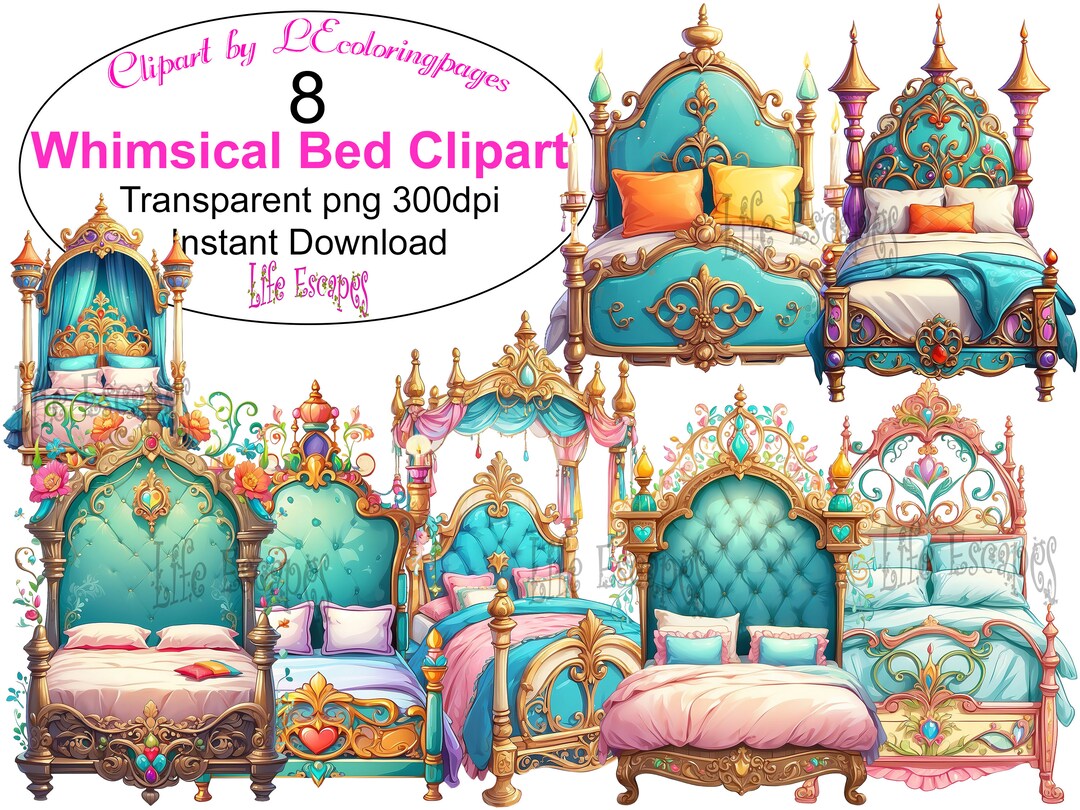Whimsical Bed Clipart, Fantasy Furniture Illustrations, Digital ...