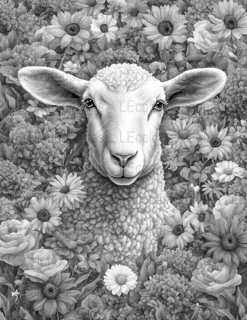 Intricate Sheep Adult Coloring Page, Grayscale Printable, Relaxing ...