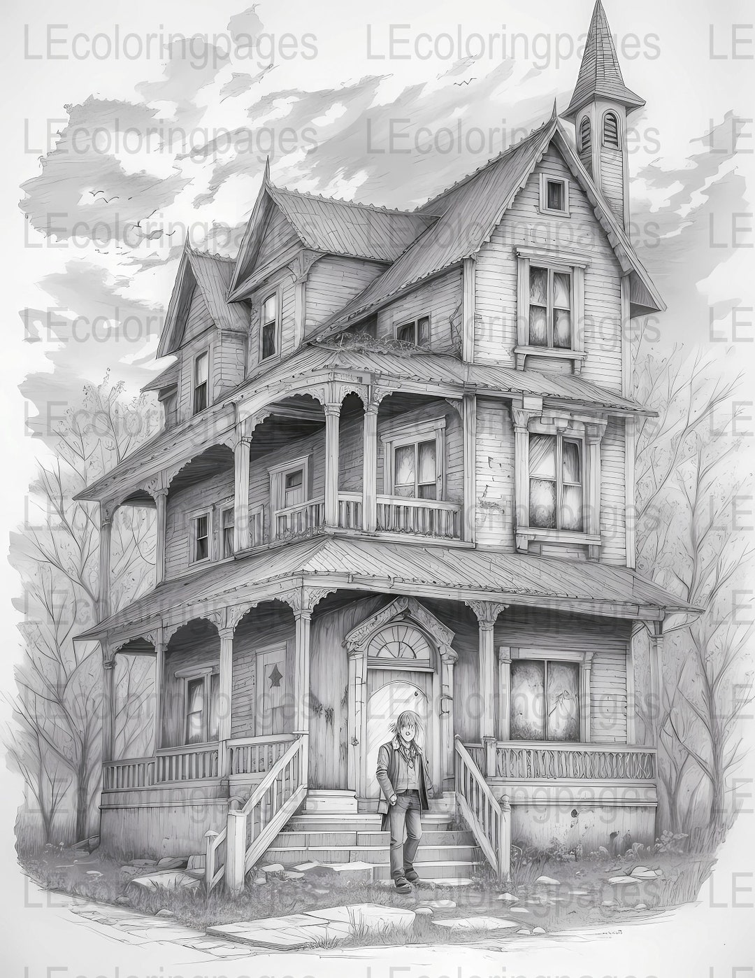 Halloween Coloring Page for Adults - Grayscale House PDF Instant ...