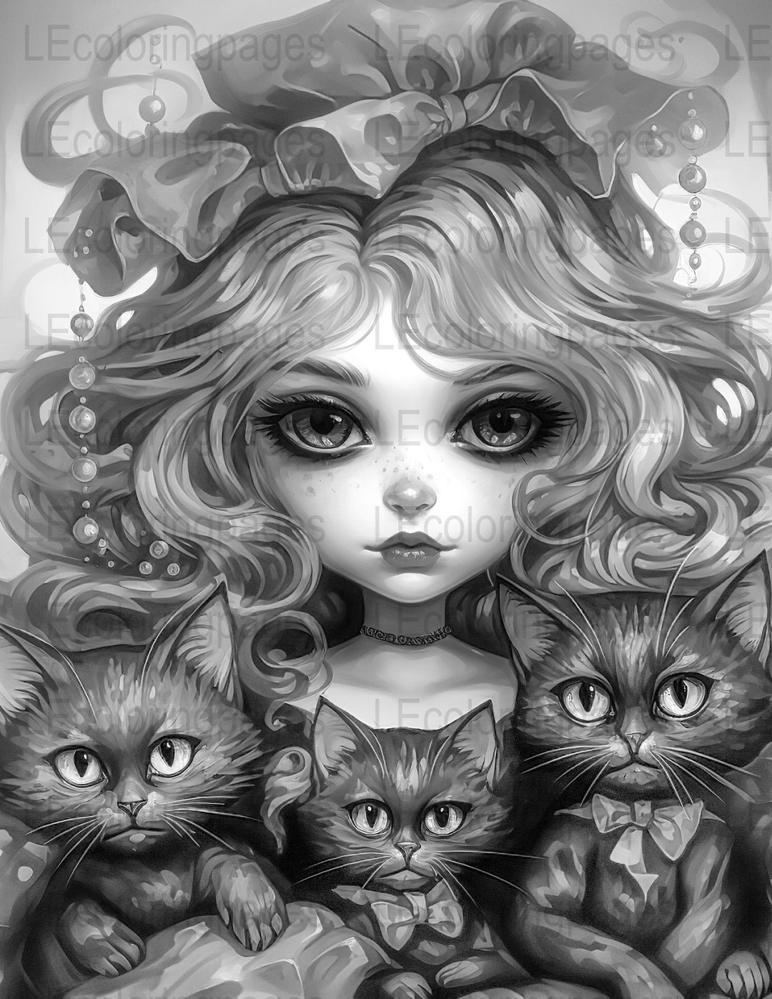 Gothic Cat Girl Coloring Page – Grayscale Fantasy Art (digital Download ...