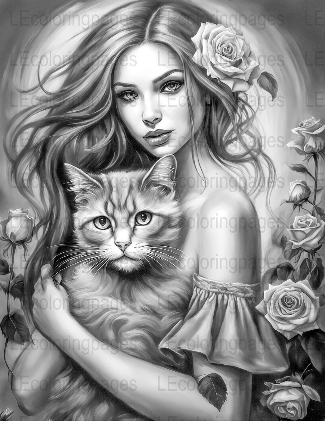 Gothic Cat Girl Grayscale Coloring Page for Adults #32 - Instant ...