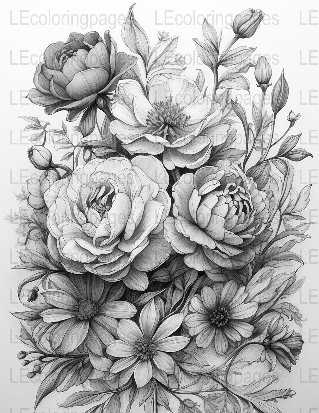Grayscale Floral Coloring Page for Adults, Printable Intricate Flower ...