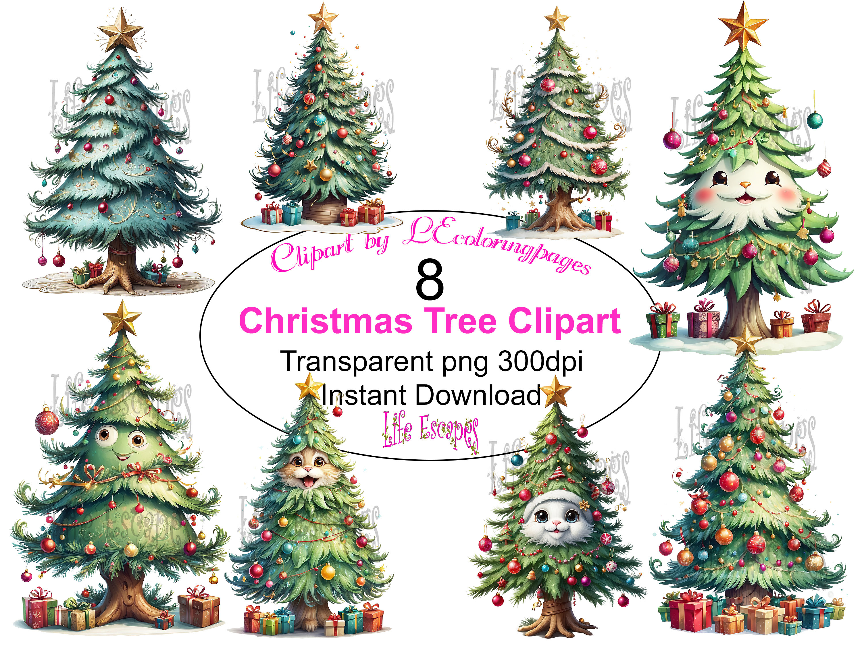 Printable Christmas Tree Clipart Set Set 1 PNG Commercial - Etsy