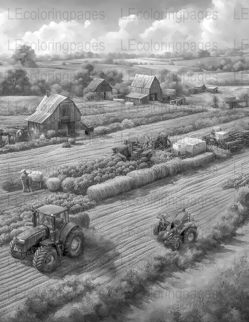 Farm Country Coloring Page for Adults, Rustic Barns and Tractors ...