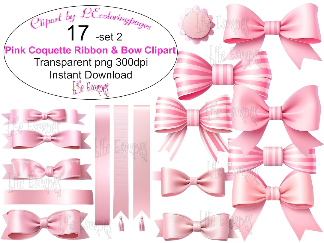 Pink Coquette Ribbon and Bow Clipart Set, Commercial Use, Graphic ...