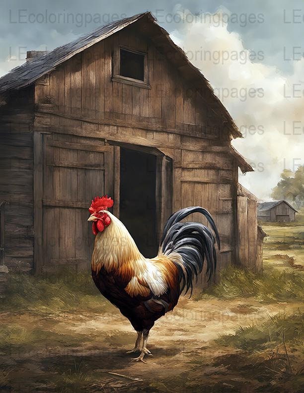 Rustic Farmhouse Rooster Coloring Page, Grayscale Country Scene, Adult ...