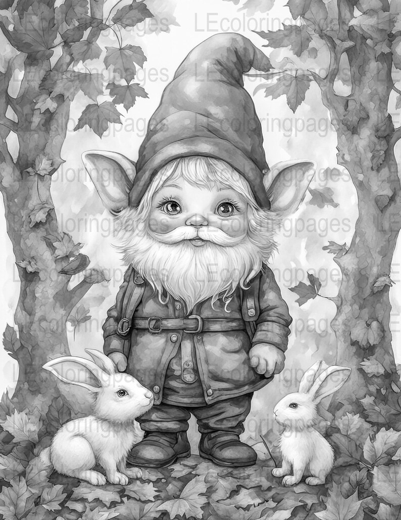 Autumn Gnome Grayscale Coloring Page for Adults 16 Printable Instant ...