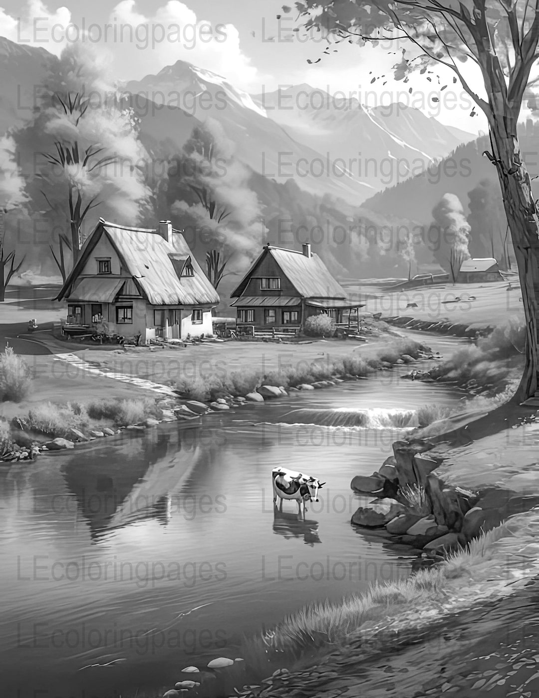 Rustic Countryside Scenery Grayscale Coloring Page, Adult Stress Relief ...