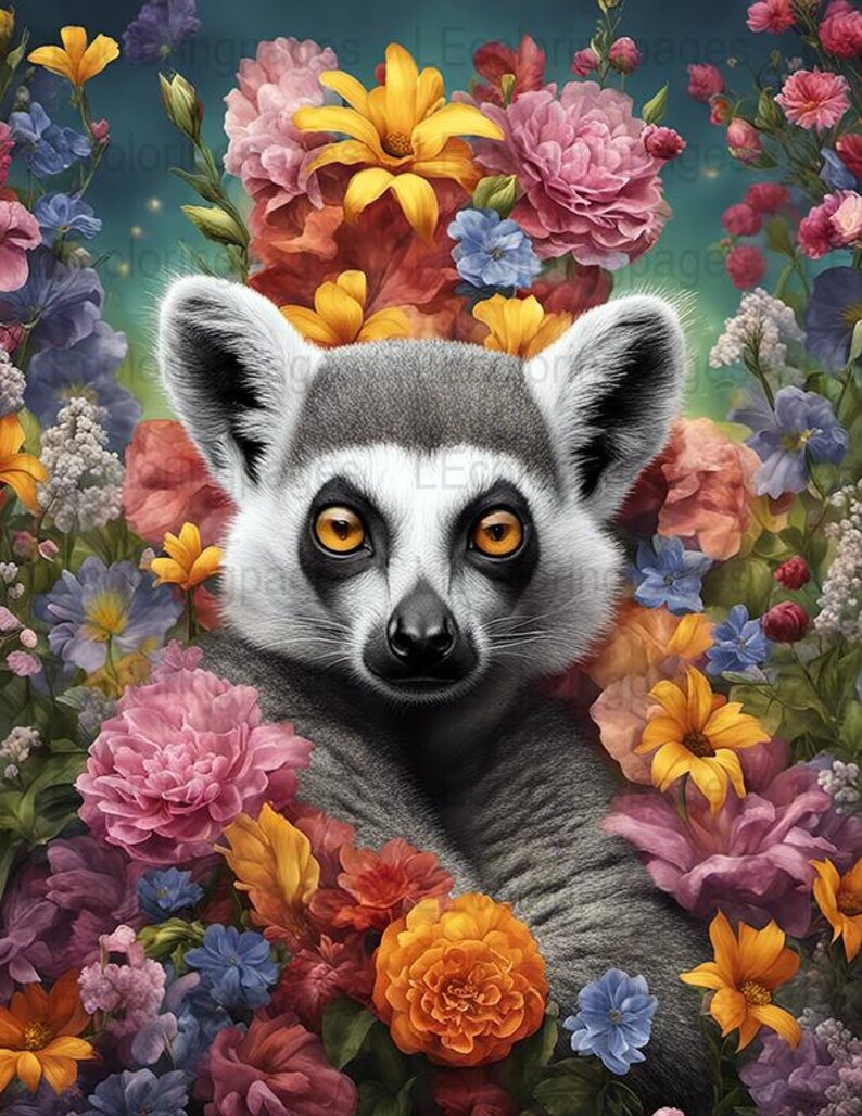 Grayscale Lemur Coloring Page for Adults, Printable Zen Art, Jungle Animal, Detailed Floral ...