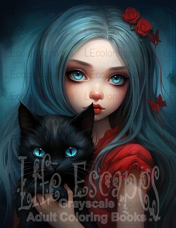 Gothic Cat Girl Grayscale Coloring Page for Adults #80 - Instant ...