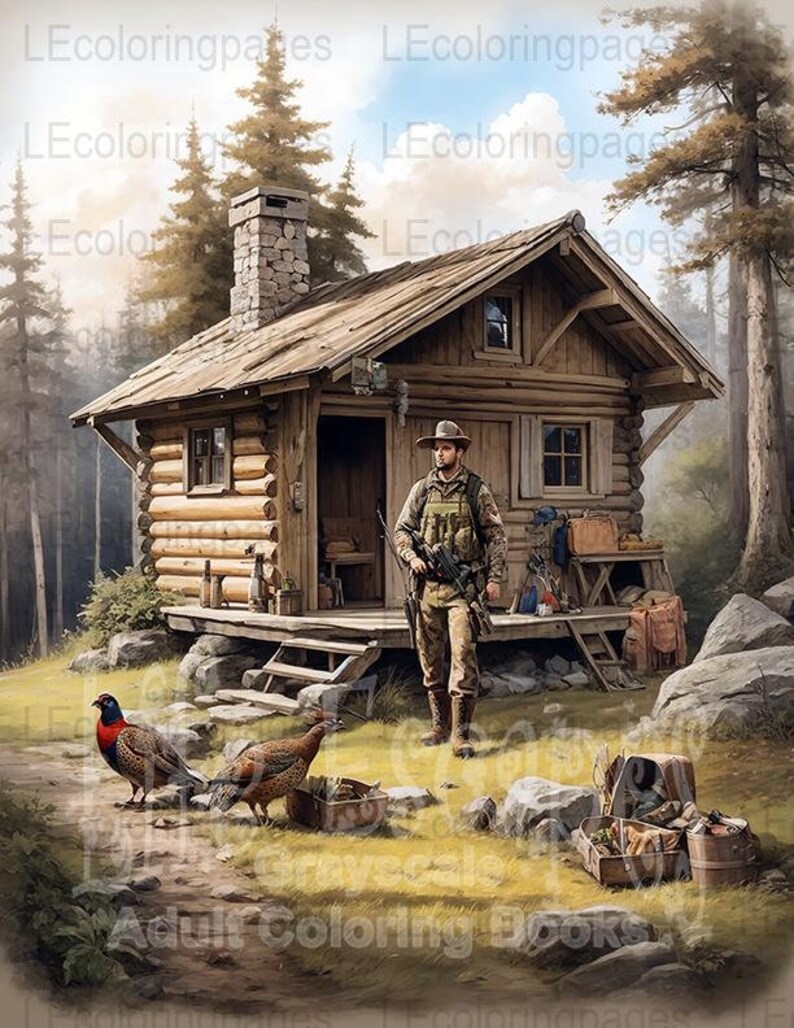 Hunting Cabin Grayscale Coloring Page for Adults #80 - Instant Download ...