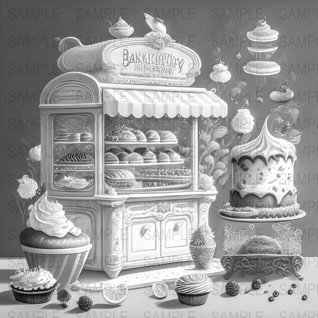 Printable Adult Coloring Page, 3D Whimsical Bakery - 8x8" Printable ...