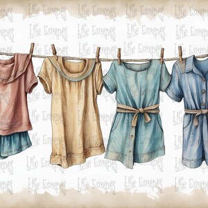 Vintage Laundry Clothesline Clipart Set, Watercolor Clothes ...