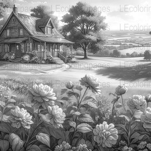 Grayscale Country House Coloring Page for Adults, Relaxing Garden ...