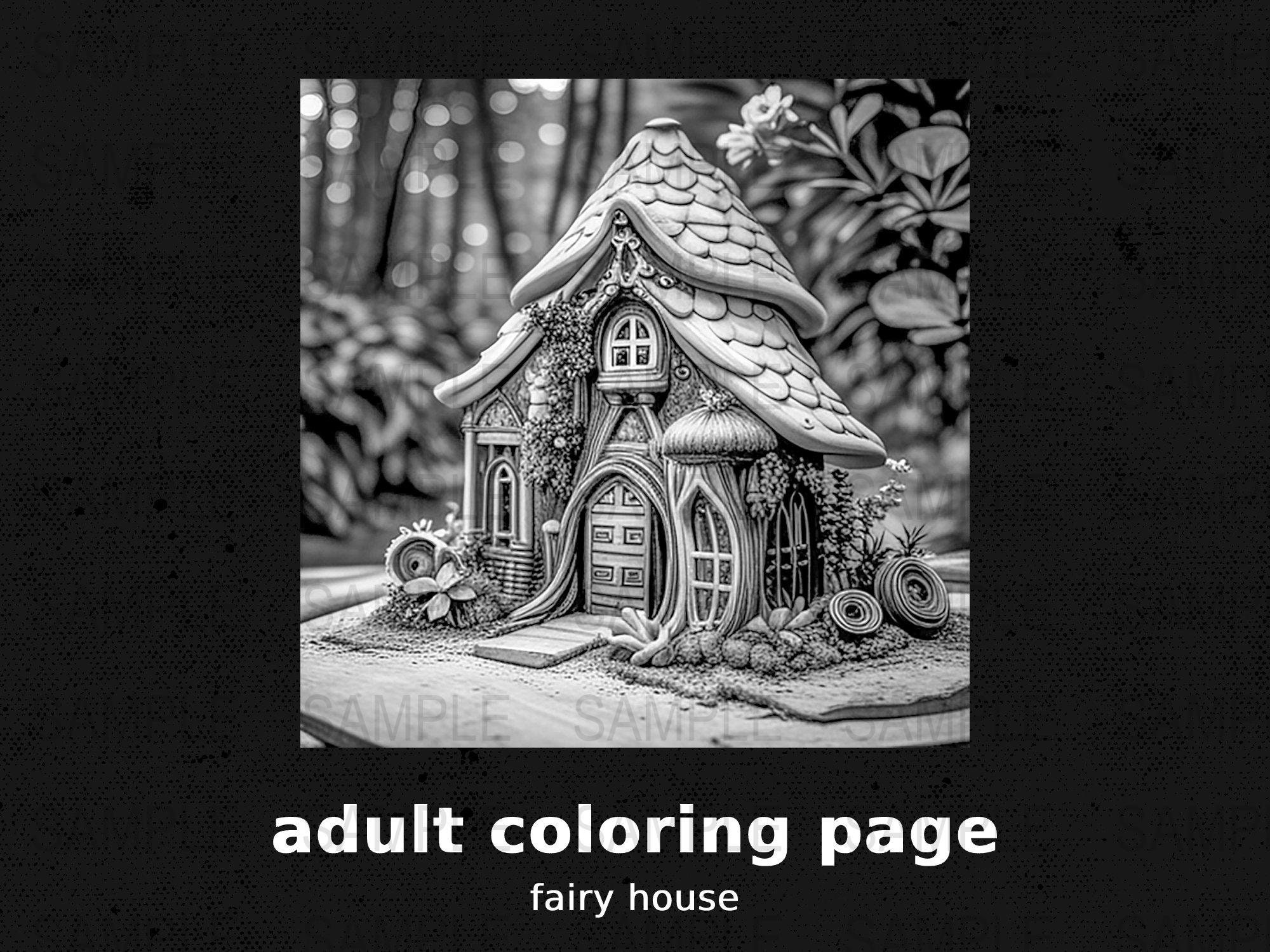 Printable Coloring Page Enchanting Grayscale Fairy House - Etsy