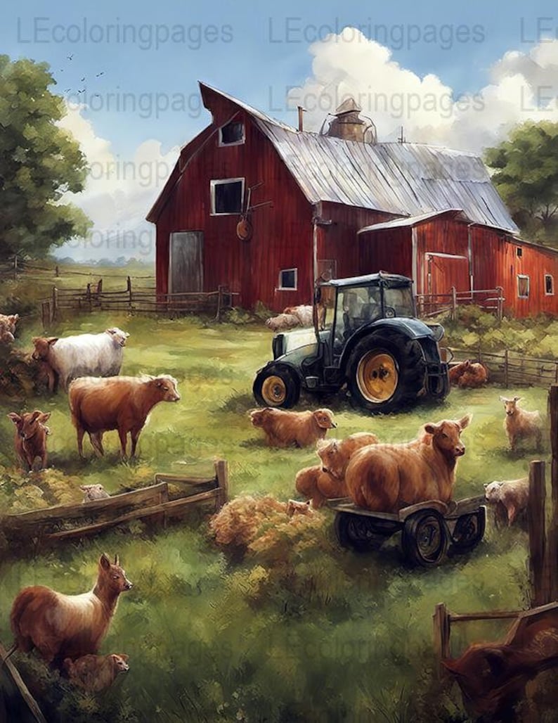 Farm Country Coloring Page for Adults, Grayscale, Rustic Barn and ...