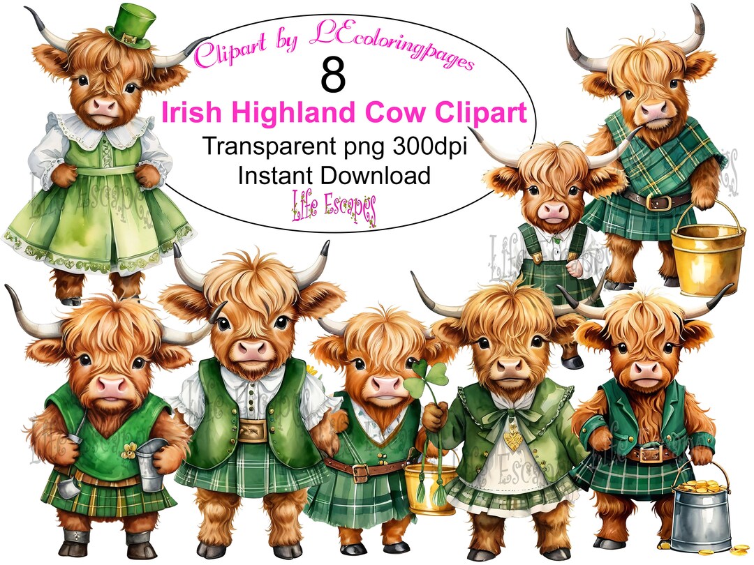 St. Patrick's Day Highland Cow Clipart, Irish Theme (digital Download ...