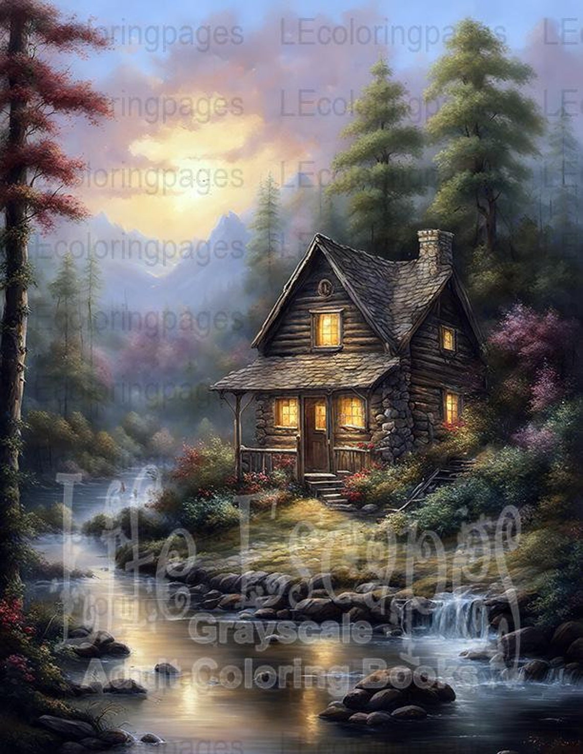 Hunting Cabin Grayscale Coloring Page for Adults 78 Instant Download ...